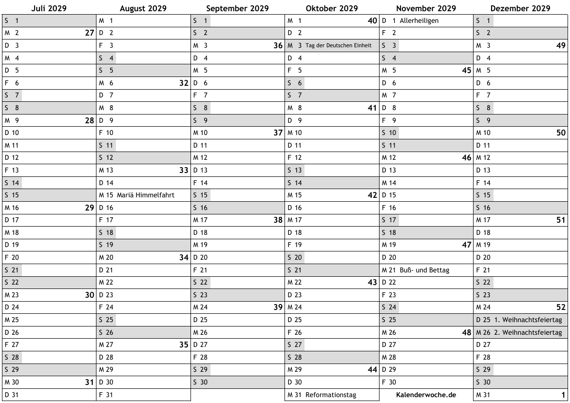 Kalender 2029 2. Hälfte